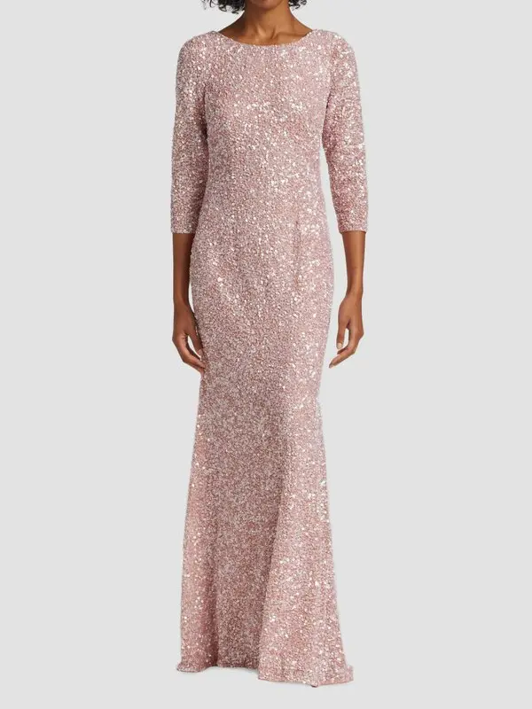 Theia Three-quarter Sleeve Sequin Sheath Gown - Blush