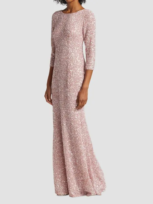 Theia Three-quarter Sleeve Sequin Sheath Gown - Blush