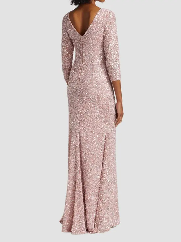 Theia Three-quarter Sleeve Sequin Sheath Gown - Blush