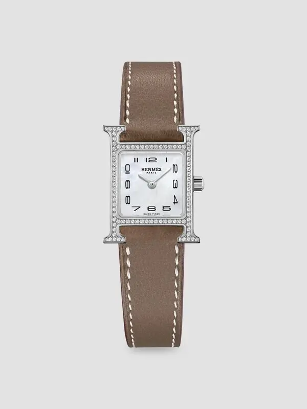 Hermès Heure H 21mm Stainless Steel, Diamond & Leather Strap Watch