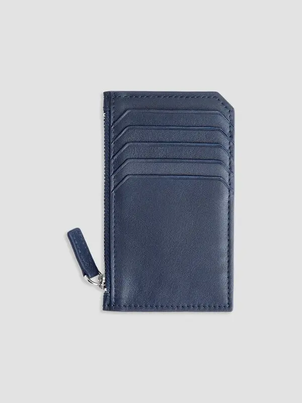 ROYCE NEW YORK Zip Leather Card Wallet - Navy Blue