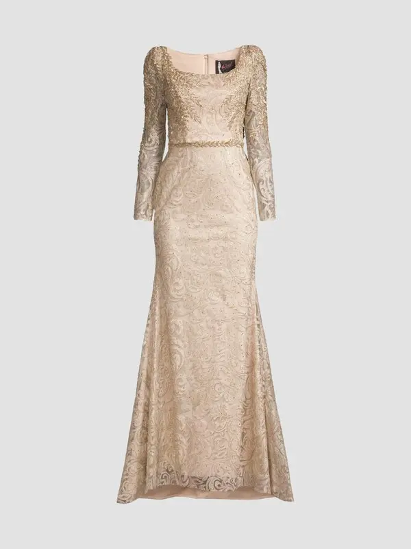 Mac Duggal Beaded Lace A-line Gown - Light Gold