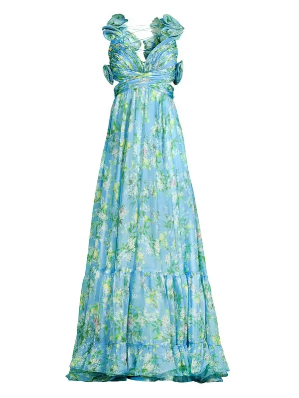 Mac Duggal Ieena Floral Chiffon Gown - Blue Multi