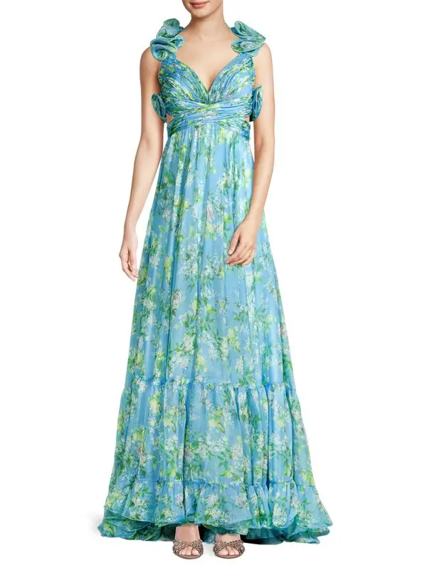 Mac Duggal Ieena Floral Chiffon Gown - Blue Multi
