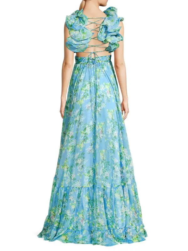 Mac Duggal Ieena Floral Chiffon Gown - Blue Multi