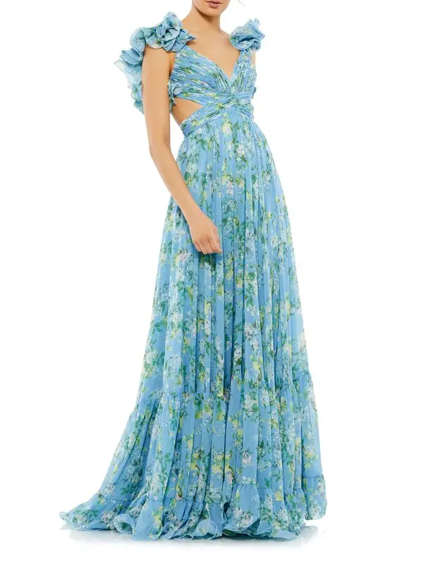Mac Duggal Ieena Floral Chiffon Gown - Blue Multi