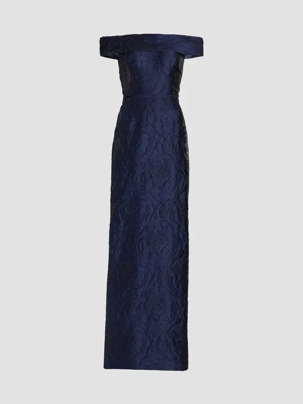 Rickie Freeman For Teri Jon Jacquard Off-the-shoulder Gown - Navy