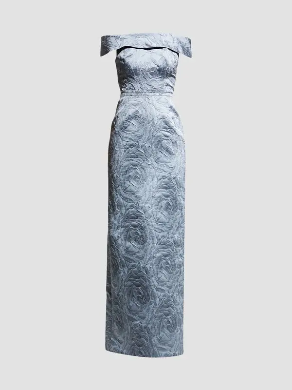 Rickie Freeman For Teri Jon Jacquard Off-the-shoulder Gown - Slate