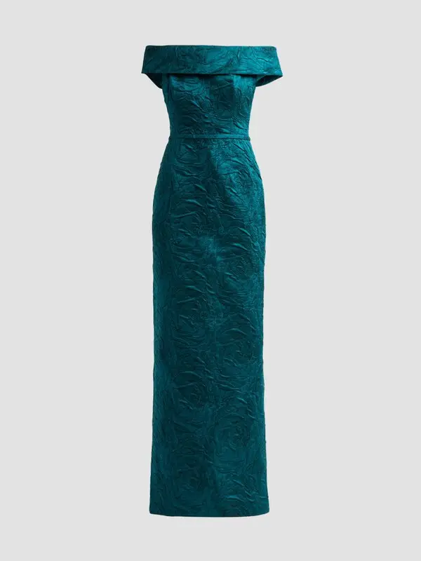 Rickie Freeman For Teri Jon Jacquard Off-the-shoulder Gown - Teal
