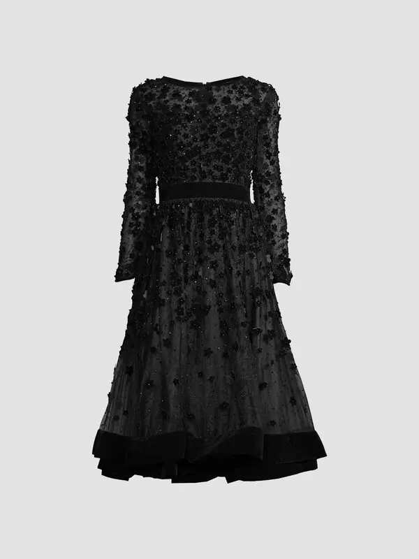 Mac Duggal Floral Appliqué Tea Dress - Black