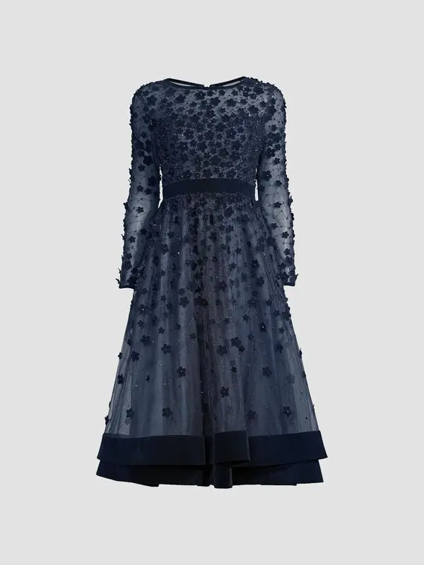 Mac Duggal Floral Appliqué Tea Dress - Midnight