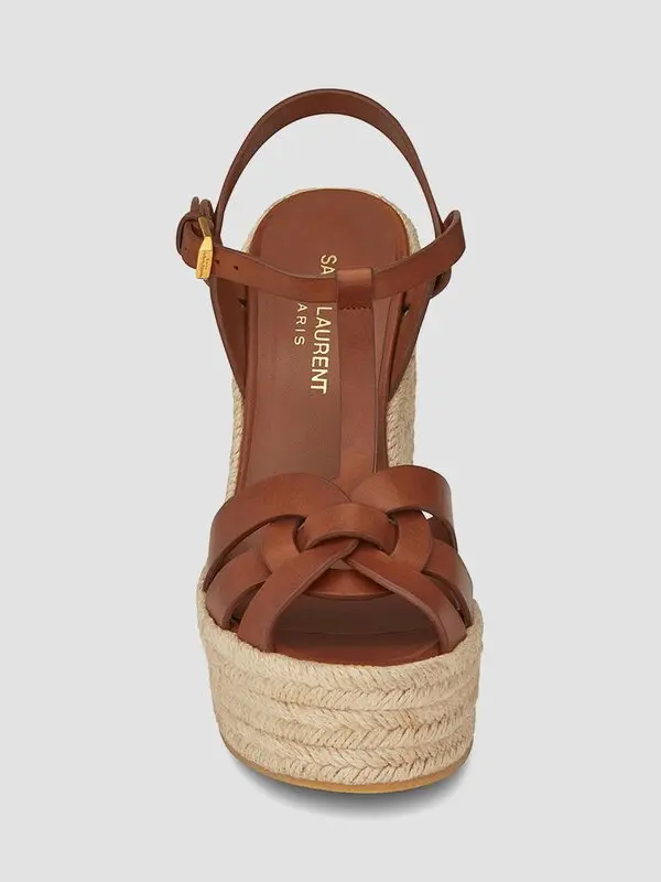 Saint Laurent Tribute Leather Espadrille Wedge Sandals - Ambra