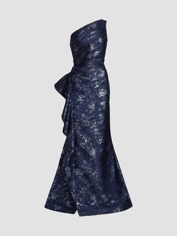Rickie Freeman For Teri Jon Jacquard One-shoulder Gown - Navy