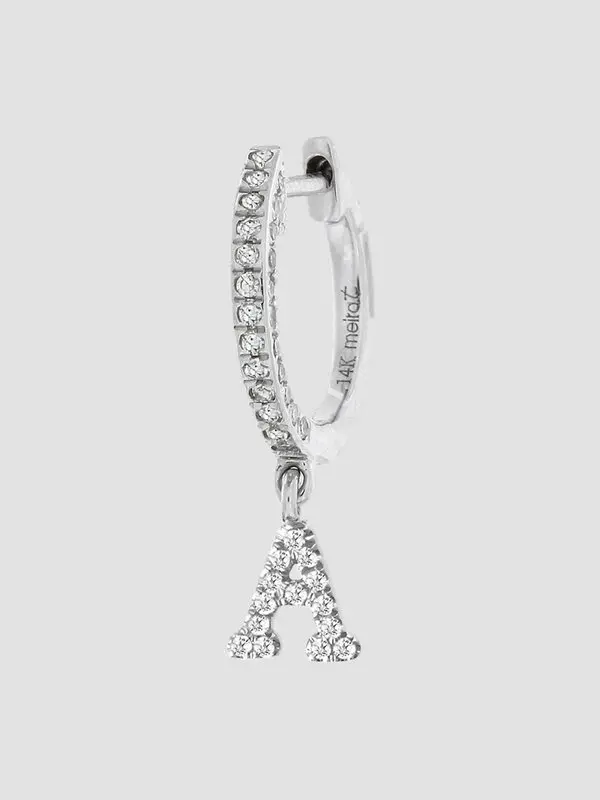 Meira T 14k White Gold Diamond Intial Single Huggie Hoop Earring - Initial A