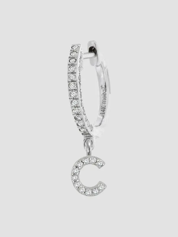 Meira T 14k White Gold Diamond Intial Single Huggie Hoop Earring - Initial C