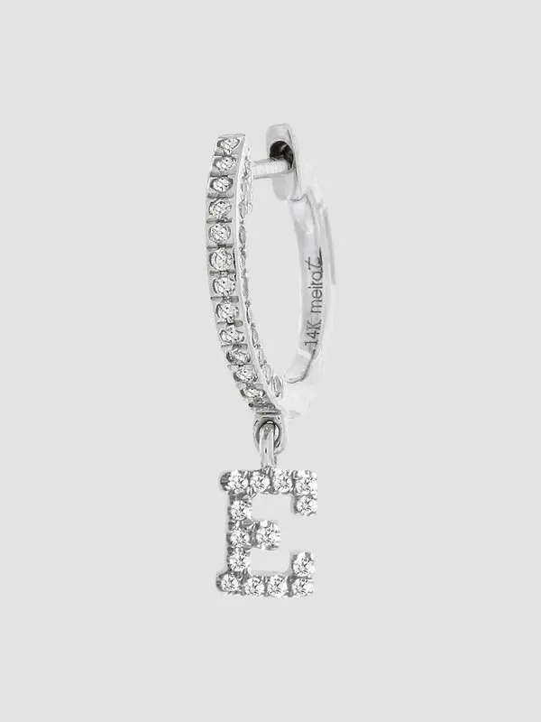 Meira T 14k White Gold Diamond Intial Single Huggie Hoop Earring - Initial E