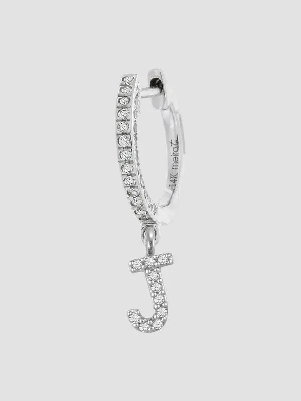 Meira T 14k White Gold Diamond Intial Single Huggie Hoop Earring - Initial J