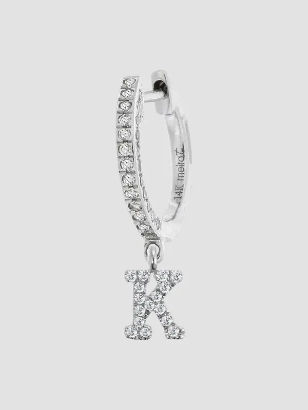Meira T 14k White Gold Diamond Intial Single Huggie Hoop Earring - Initial K