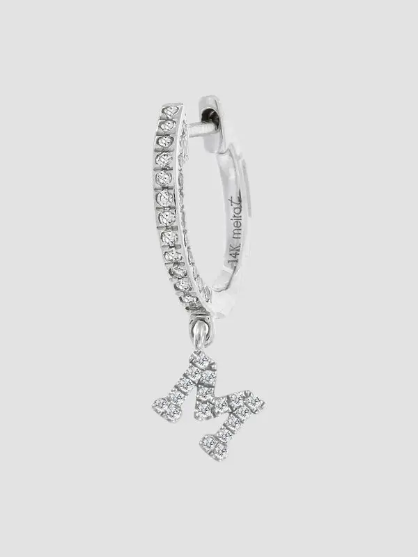 Meira T 14k White Gold Diamond Intial Single Huggie Hoop Earring - Initial M