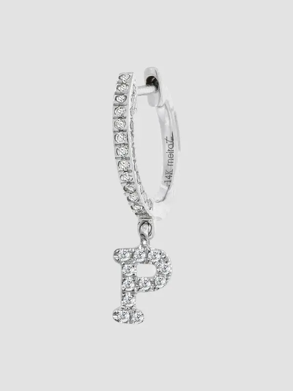 Meira T 14k White Gold Diamond Intial Single Huggie Hoop Earring - Initial P