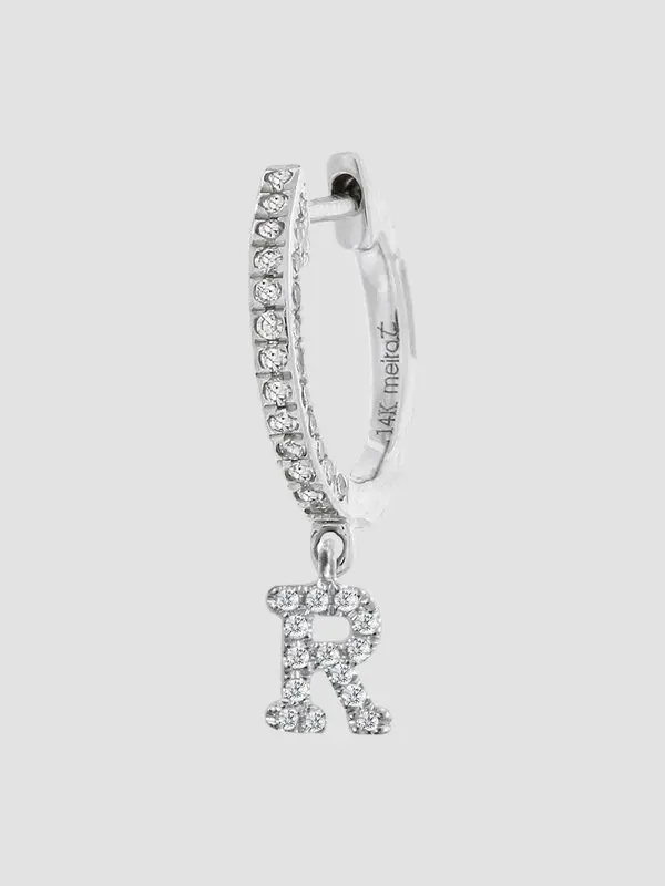 Meira T 14k White Gold Diamond Intial Single Huggie Hoop Earring - Initial R