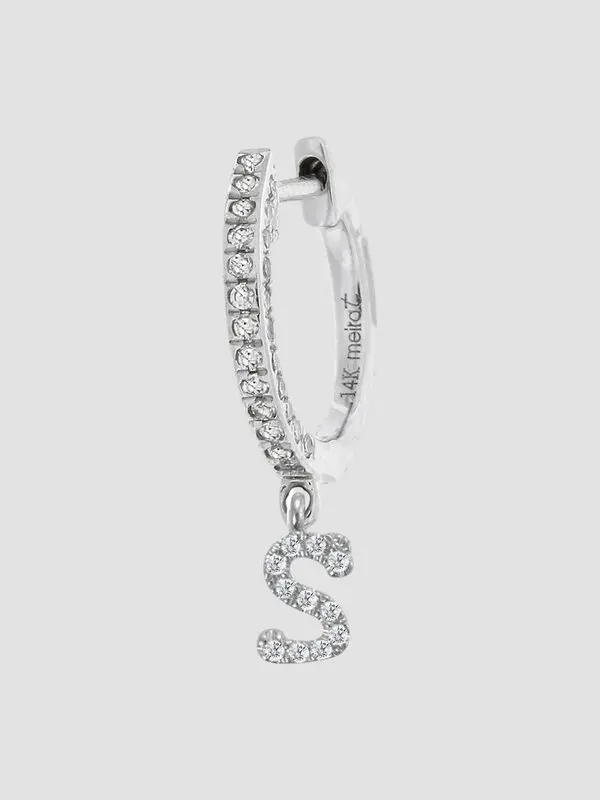 Meira T 14k White Gold Diamond Intial Single Huggie Hoop Earring - Initial S