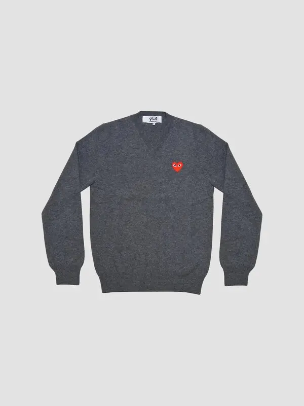 Play Comme Des Garcon Double Heart Play V-neck Sweater - Grey