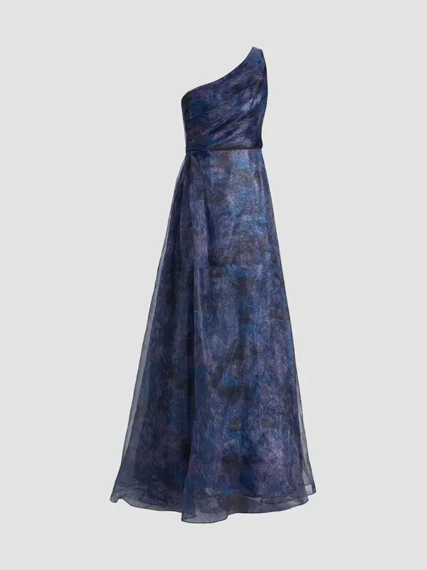 Rene Ruiz Collection Floral One-shoulder Organza Gown - Blue Print