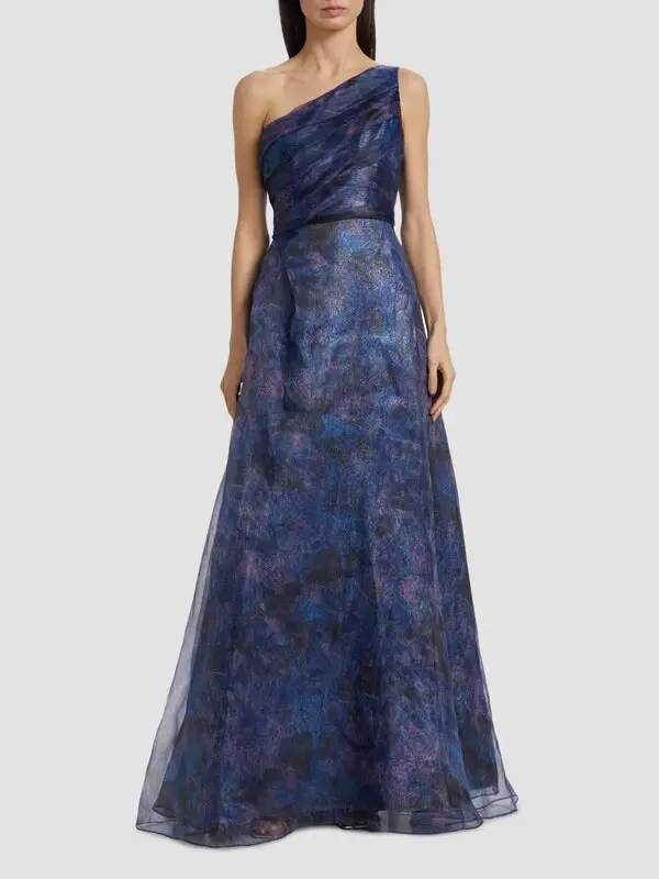 Rene Ruiz Collection Floral One-shoulder Organza Gown - Blue Print
