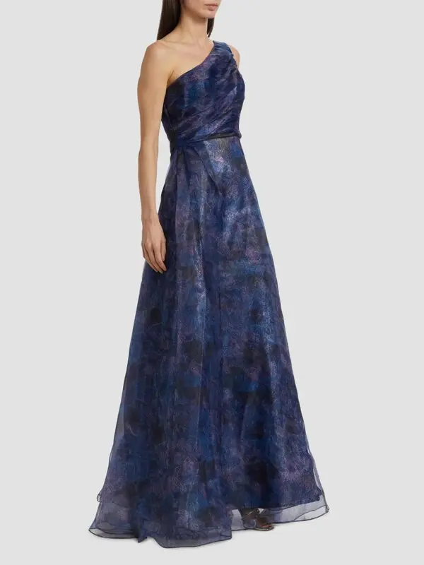 Rene Ruiz Collection Floral One-shoulder Organza Gown - Blue Print