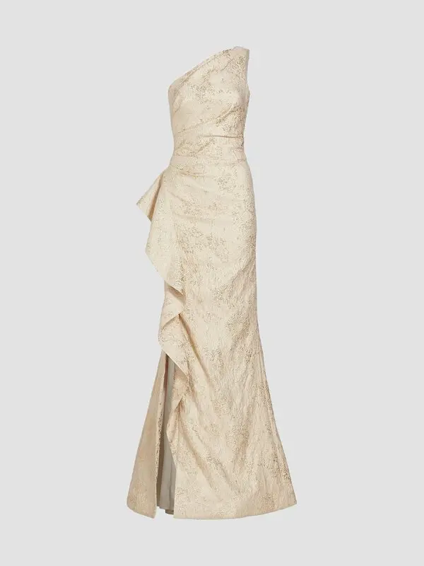 Rickie Freeman For Teri Jon Metallic Jacquard One-shoulder Gown - Gold
