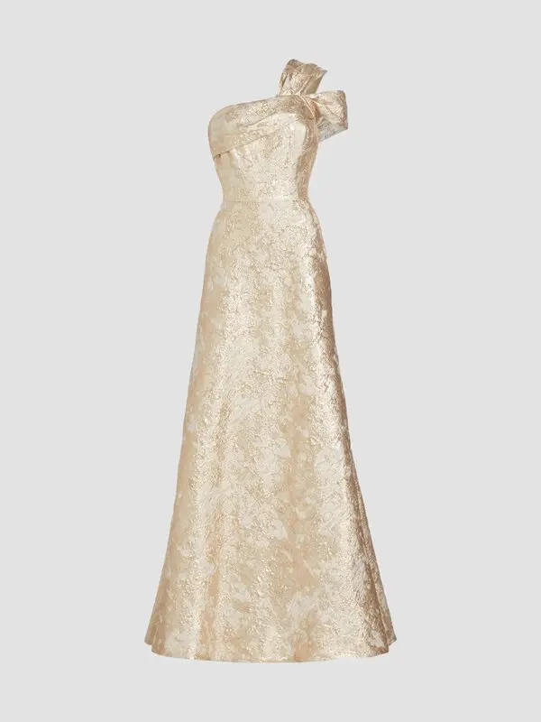 Rickie Freeman For Teri Jon Metallic Jacquard One-shoulder Gown - Ivory Gold