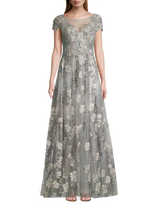 Mac Duggal Cap-sleeve Floral A-line Gown