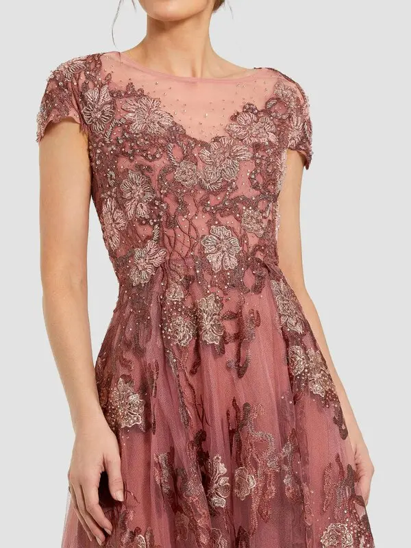 Mac Duggal Cap-sleeve Floral A-line Gown