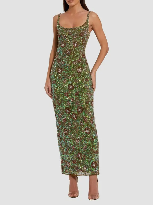Mac Duggal Floral Beaded Cocktail Sheath Dress - Olive
