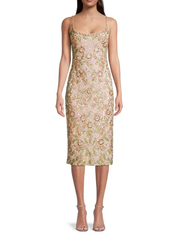 Mac Duggal Floral Beaded Cocktail Sheath Dress - Olive