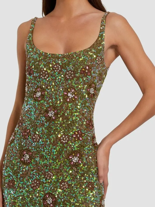 Mac Duggal Floral Beaded Cocktail Sheath Dress - Olive