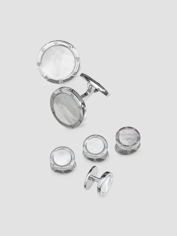 JAN LESLIE 6-piece Sterling & Round Mother-of-pearl Cufflink & Shirt Stud Set - Silver