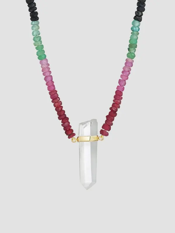 Jia Jia Arizona 14k Yellow Gold, Dark Sapphire & Crystal Quartz Pendant Beaded Necklace - Rainbow