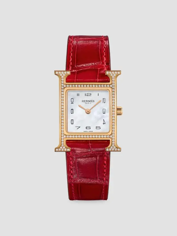 Hermès Heure H 18k Rose Gold, 0.45 Tcw Diamond & Alligator Strap Watch/26mm - Red
