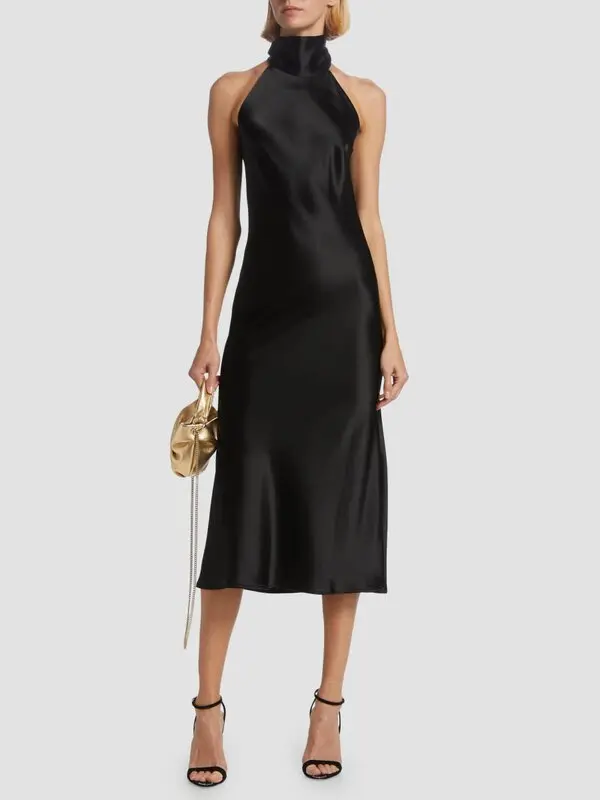 Galvan Sienna Satin Halter Neck Gown - Black