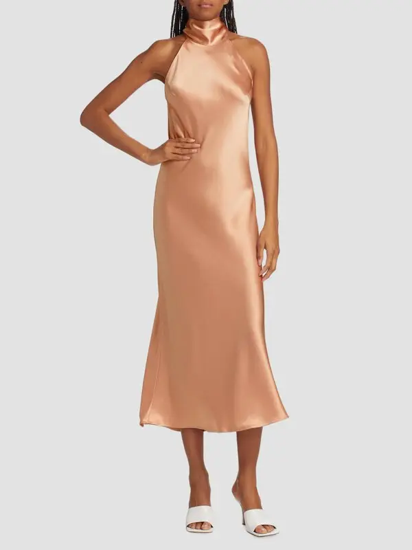 Galvan Sienna Satin Halter Neck Gown - Nude