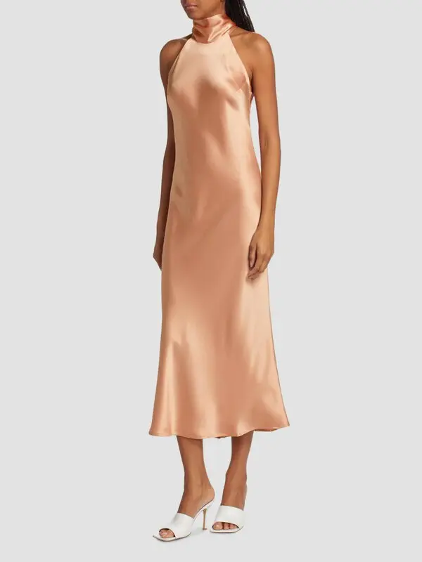 Galvan Sienna Satin Halter Neck Gown - Nude
