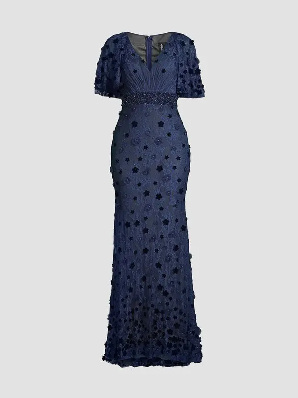 Mac Duggal Floral Embellished V-neck Gown - Midnight