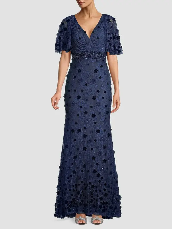 Mac Duggal Floral Embellished V-neck Gown