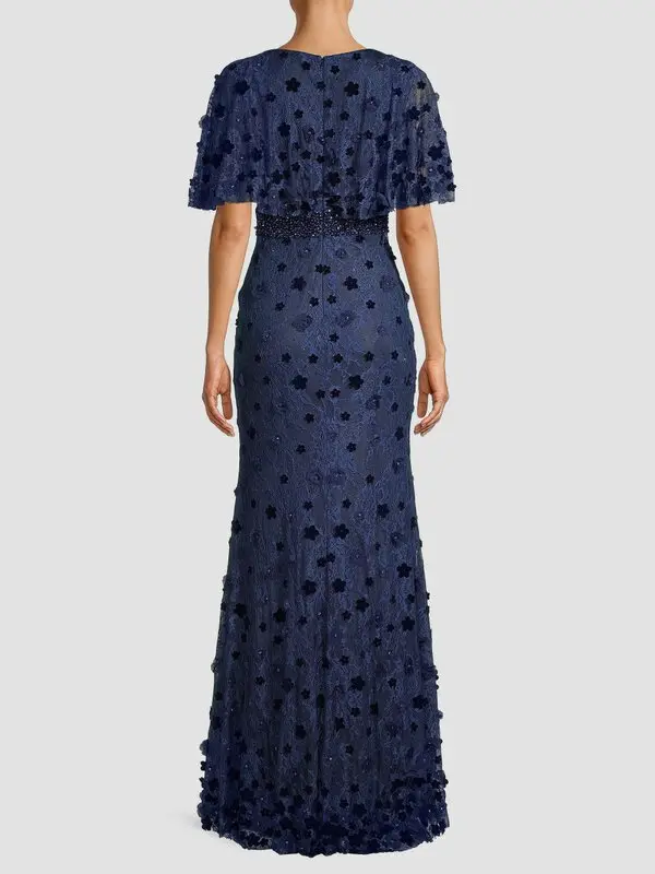 Mac Duggal Floral Embellished V-neck Gown