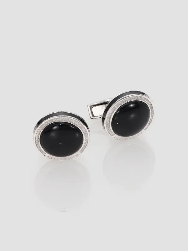 Tateossian Round Sterling Silver & Black Onyx Cuff Links