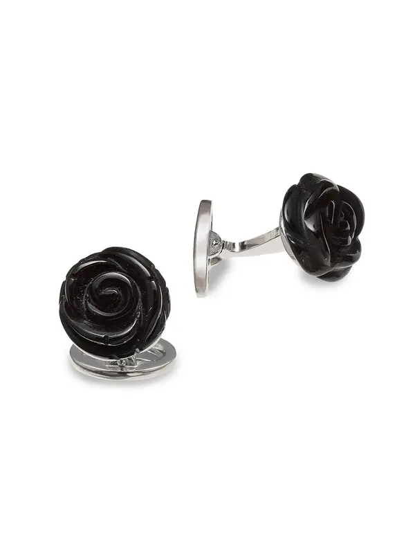 JAN LESLIE Black Onyx & Sterling Carved Rose Cufflinks - Silver