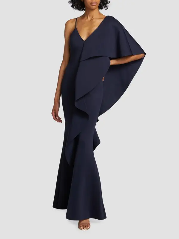 Badgley Mischka Asymmetrical Neoprene Ruffle Gown