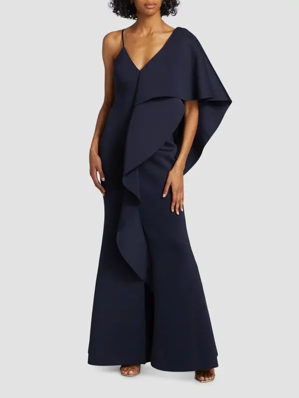 Badgley Mischka Asymmetrical Neoprene Ruffle Gown